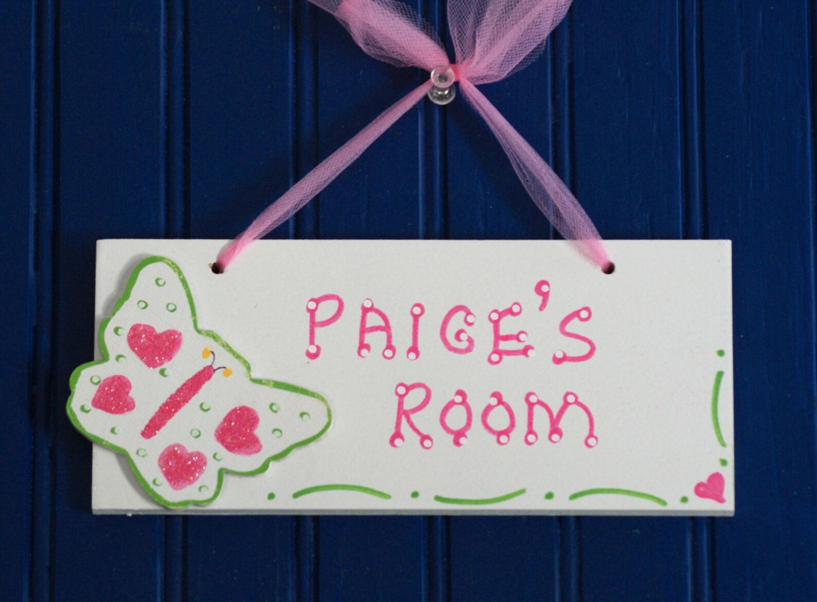 BUTTERFLY Room Sign. Personalized Glittered Pink & Green | Etsy