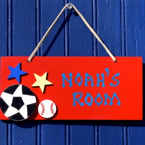 SPORT Room Sign, Hand Personalized, Red. Soccer, Baseball, Star Cutouts ...