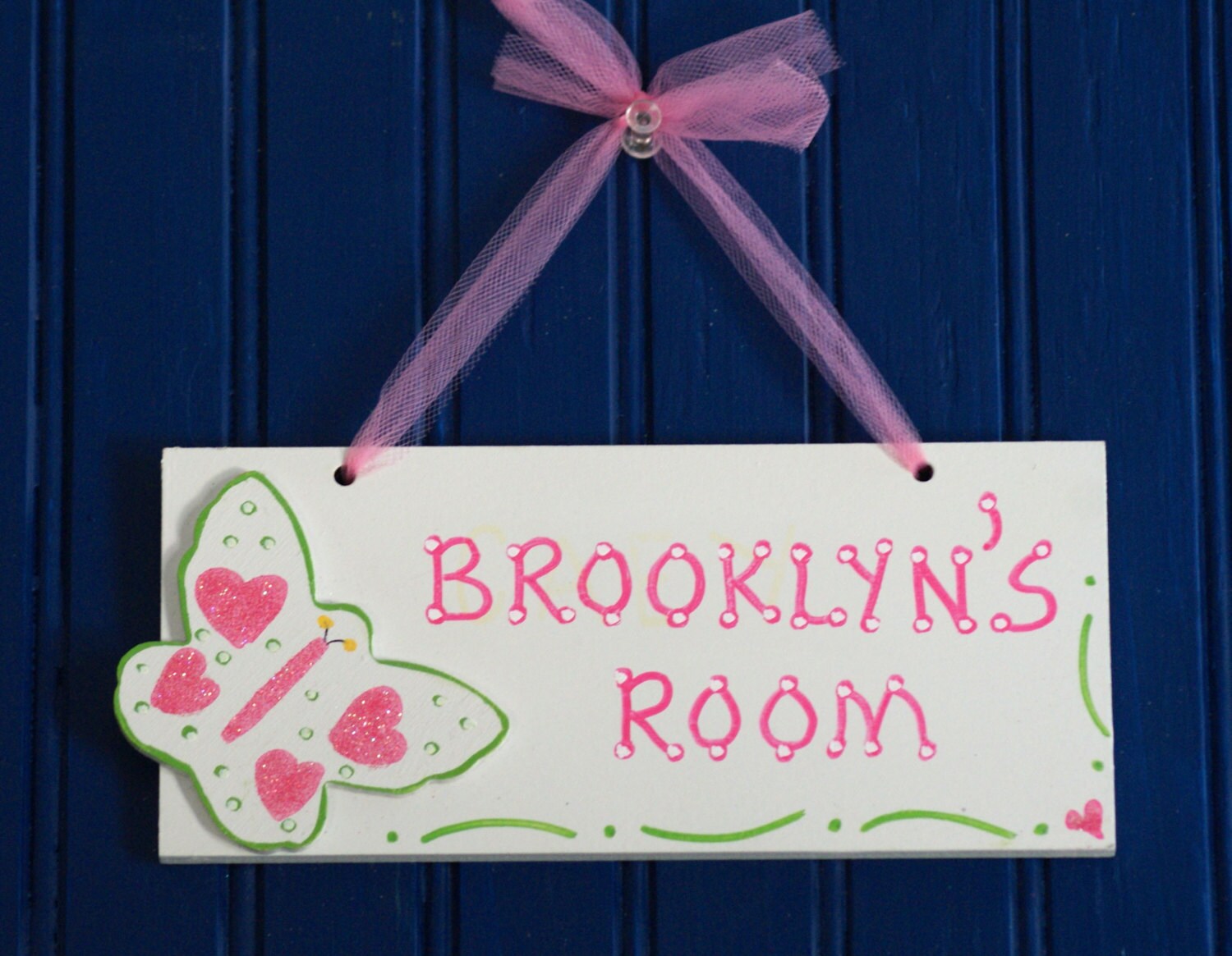 BUTTERFLY Room Sign. Personalized Glittered Pink & Green | Etsy