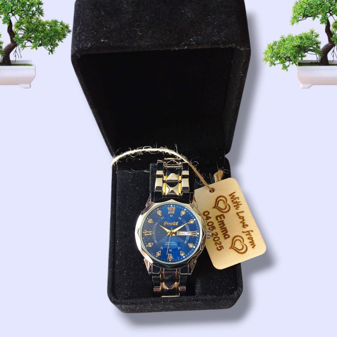 Luxury Blue Wrist Watch for Men With Box Personalized Tag Gift Set ...