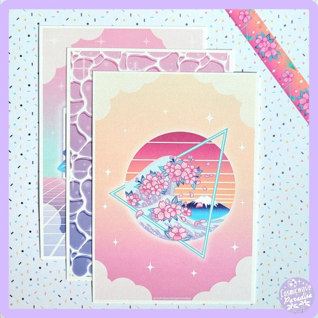 Floral Wave Print - Vaporwave Kanagawa Fuji Geometric Cherry Flower ...
