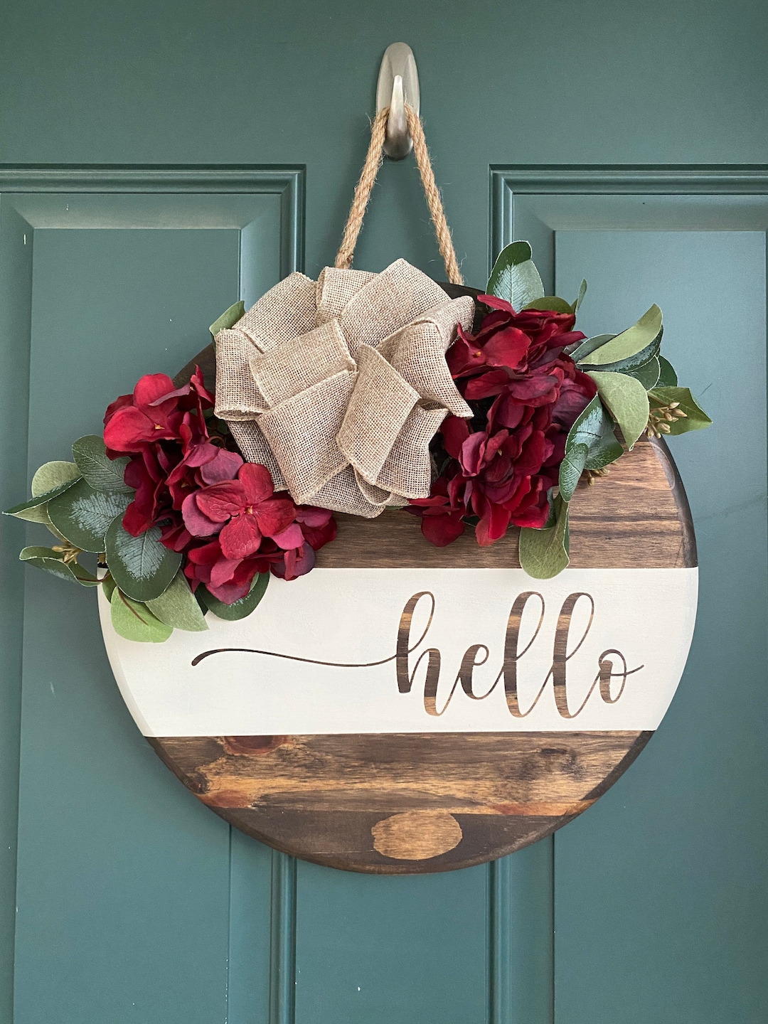 Hello Door Sign: Round Wood Welcome Sign With Floral Decor - Etsy