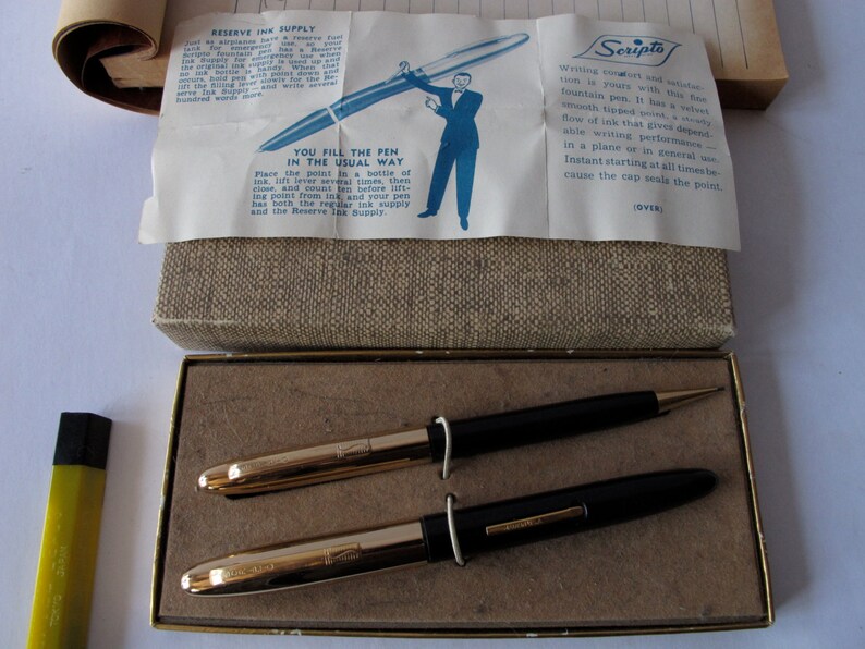 Vintage Desk Accessory Pen and Pencil Set Scripto Black and Gold ...