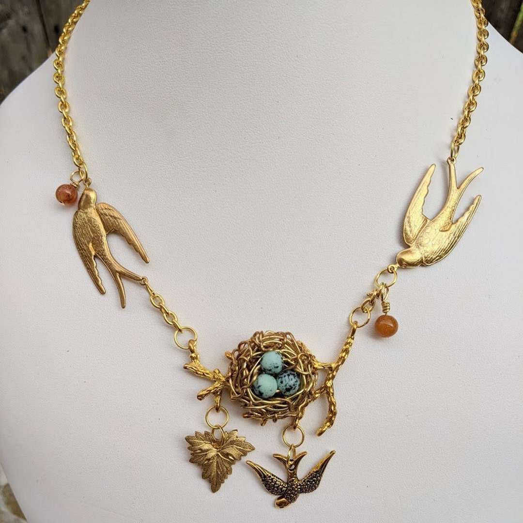 Bird Nest Necklace, Gold Plated Chain, Hand Wrapped Gold Color Wire ...