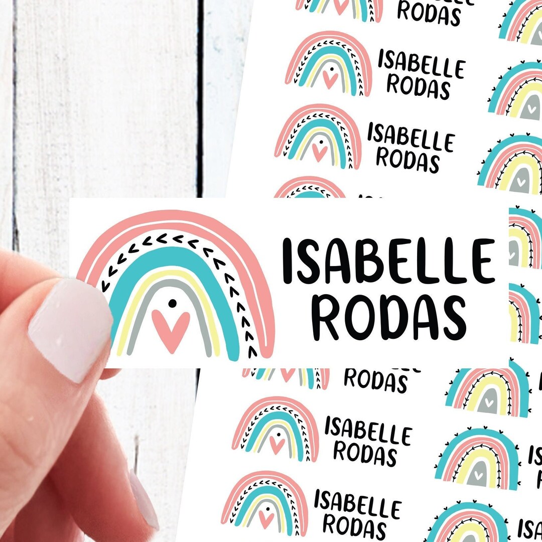 Waterproof Name Labels - Girls Name Stickers - Pastel Boho Rainbow ...