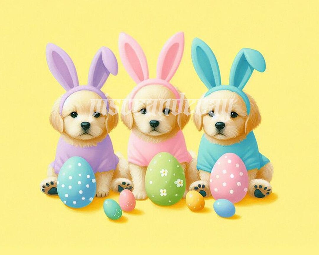 Cute Easter Print - Golden Puppies Dressed as Easter Bunnies With ...