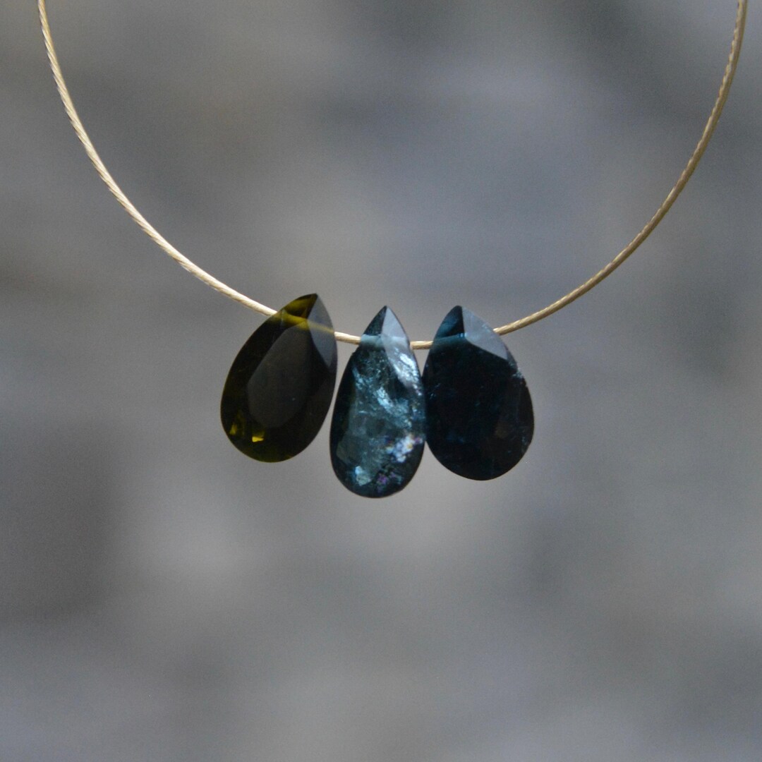 Very Dark Indicolite and Green Tourmaline Pan Cut Pear Briolette Trio ...