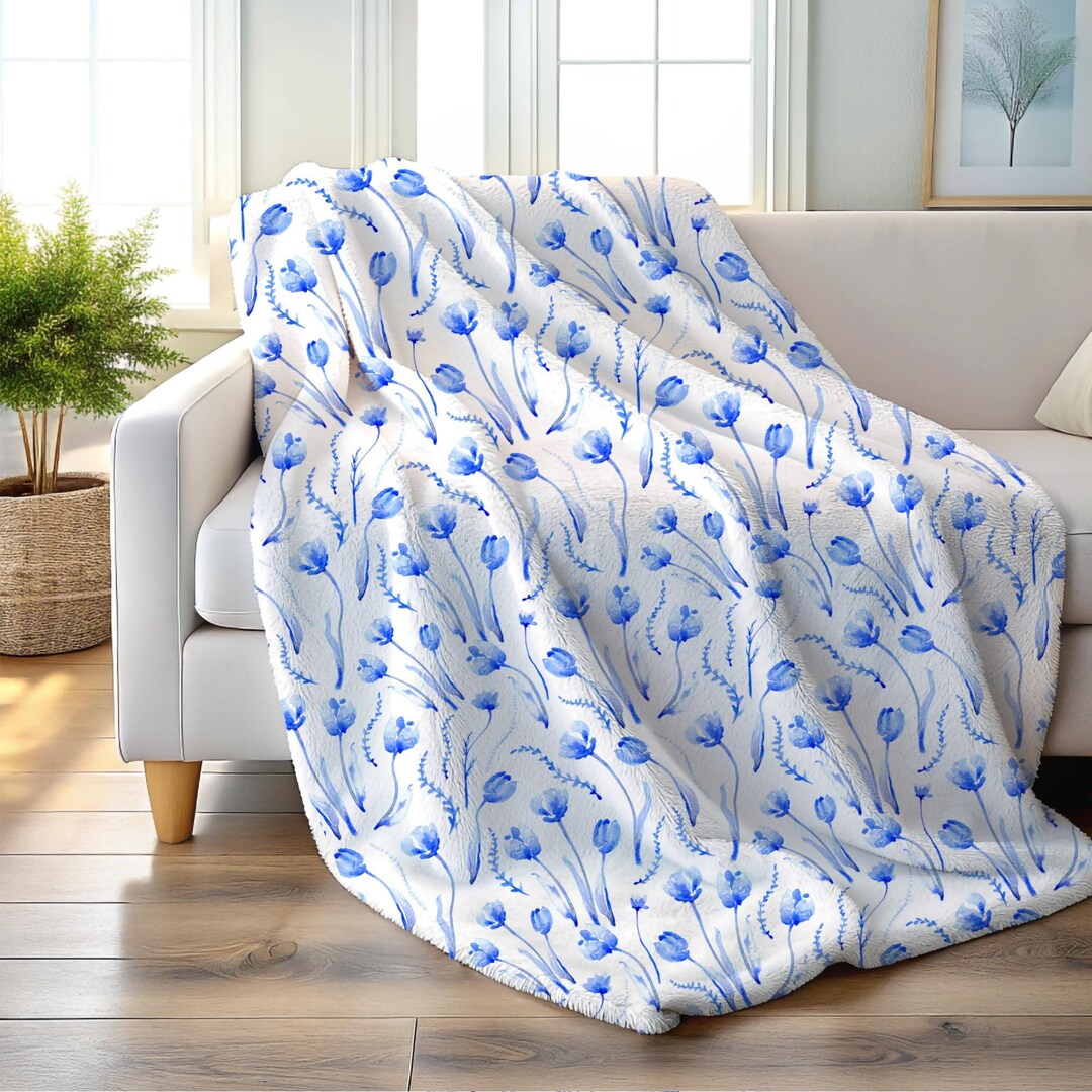 Floral Blanket for Bed Blanket Flower Blue White Delft Tulip Bed Cover ...