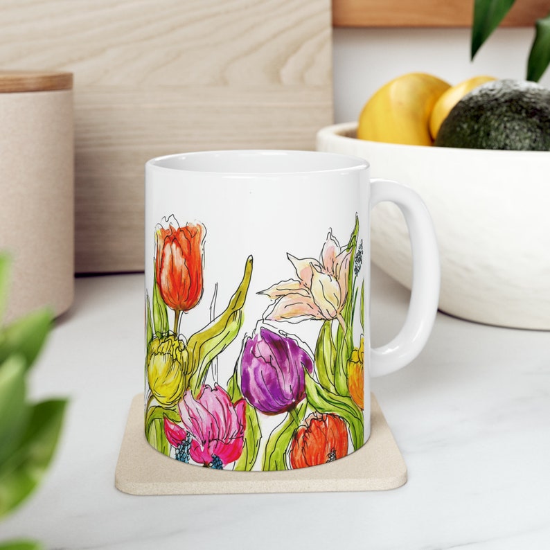 Floral Ceramic Mug With Tulip Mug Floral Coffee Mug Gardener Mug for ...