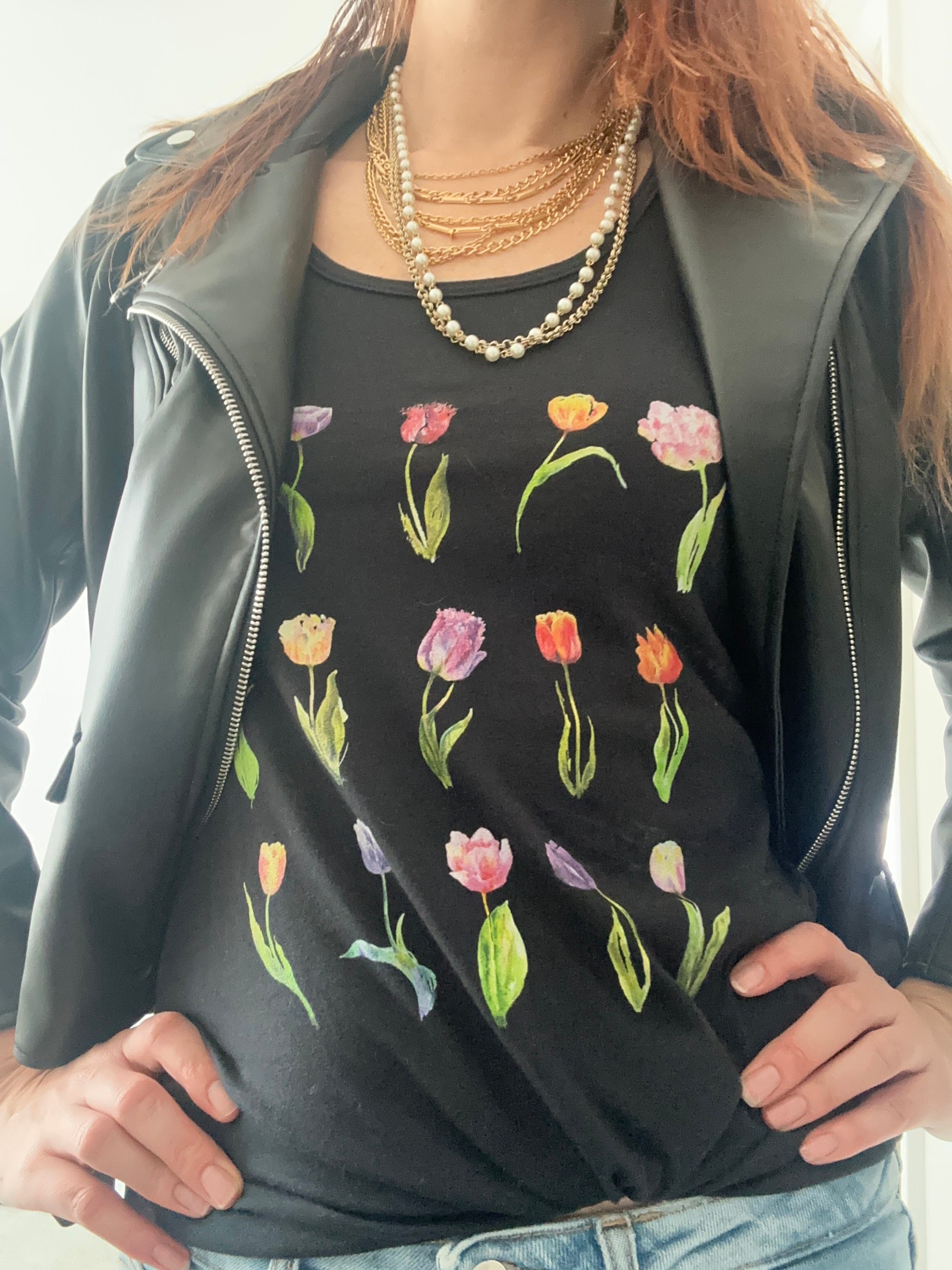 Tulip Tank Flower Tank Top Black Tulip Art Shirt Cute Top Floral Tank ...
