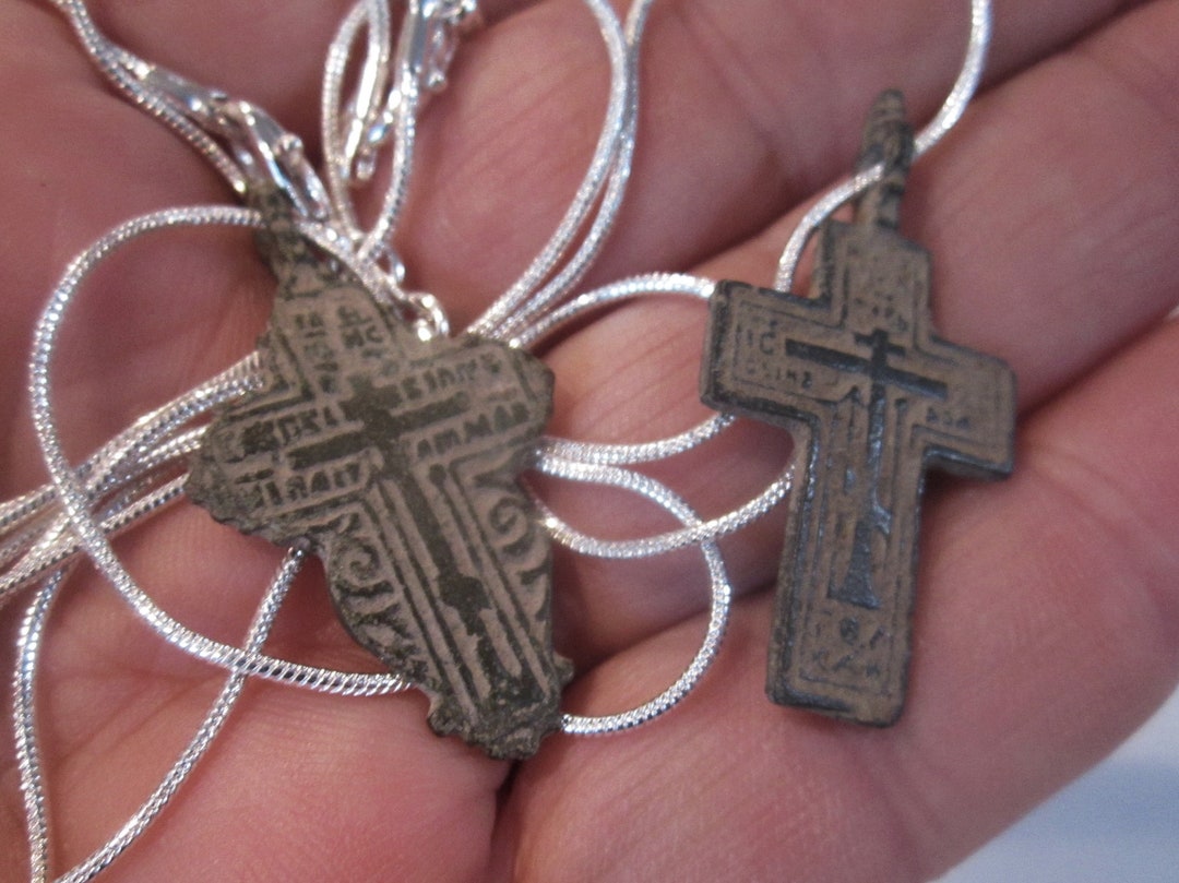 Antique Bronze Orthodox Cross Pair, Sterling Silver Chains, 19th ...
