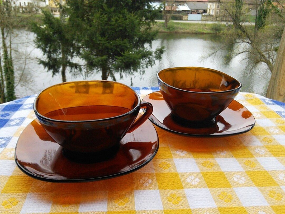 Glass Amber Jumbo Tea Cups Saucers French Vintage Retro Vereco X 2 - Etsy