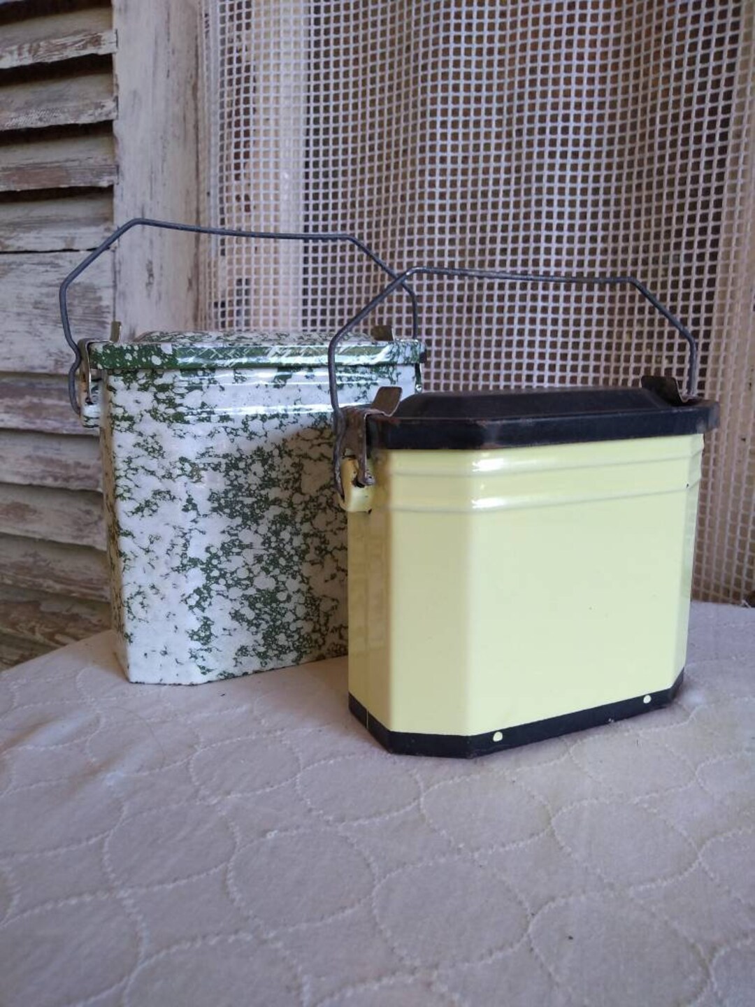 French Lunch Box Pail Miner's Enamel Snowstorm Graniteware Industrial ...