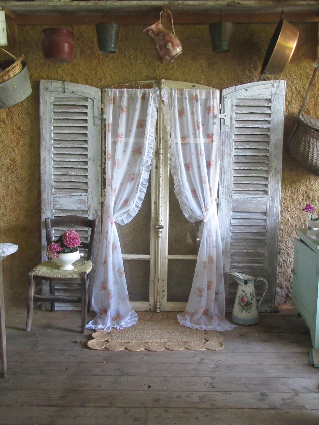 French Vintage Rose Voile Cafe Curtains: 1970s Cape Cod Style - Etsy