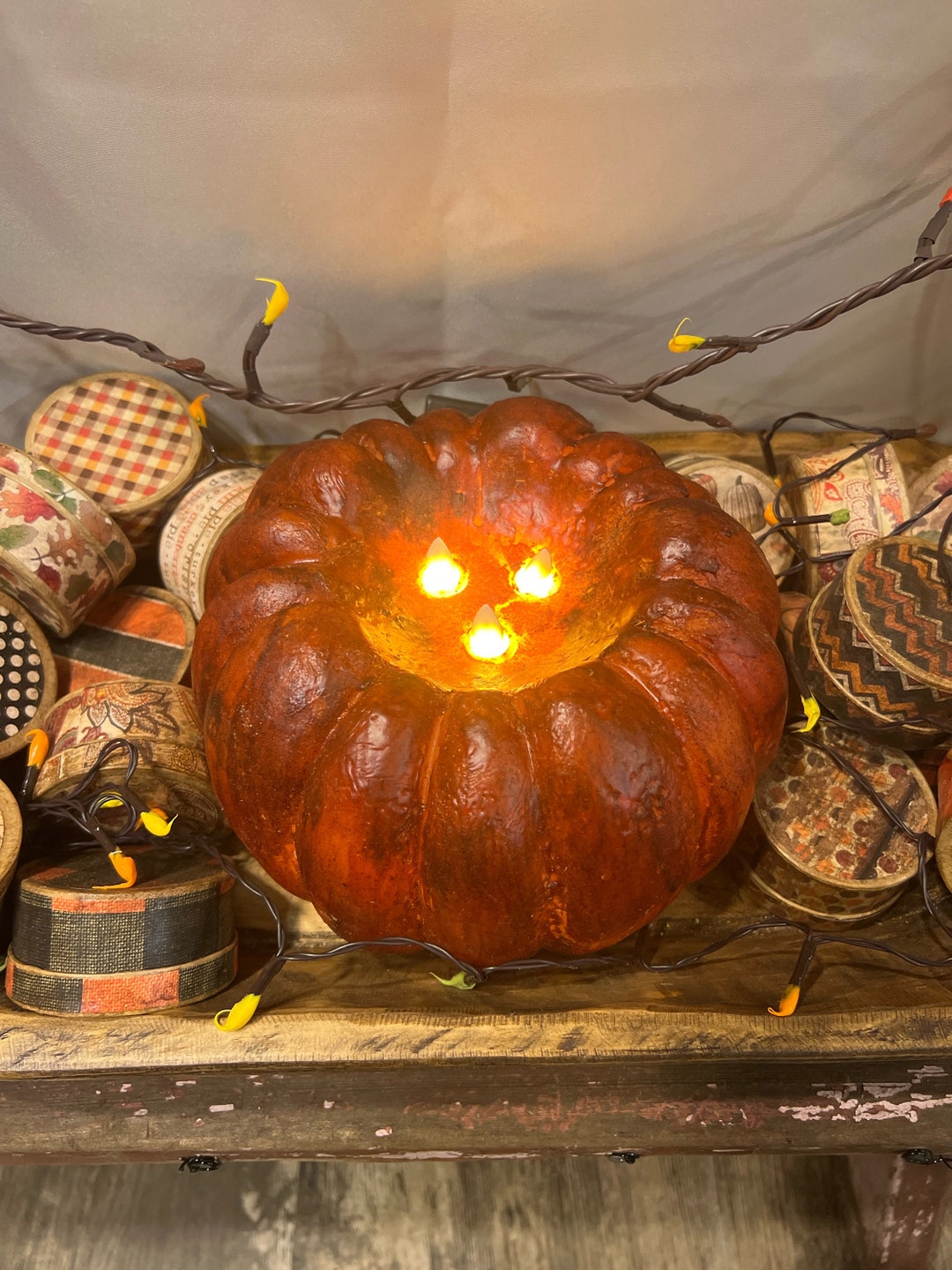 6x8” Raggedy Junction Primitive Moving Flame TIMER Tri Flame PUMPKIN ...
