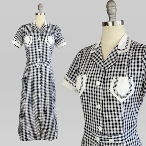 1940s Waitress Uniform / Black & White Gingham Dress … - Gem