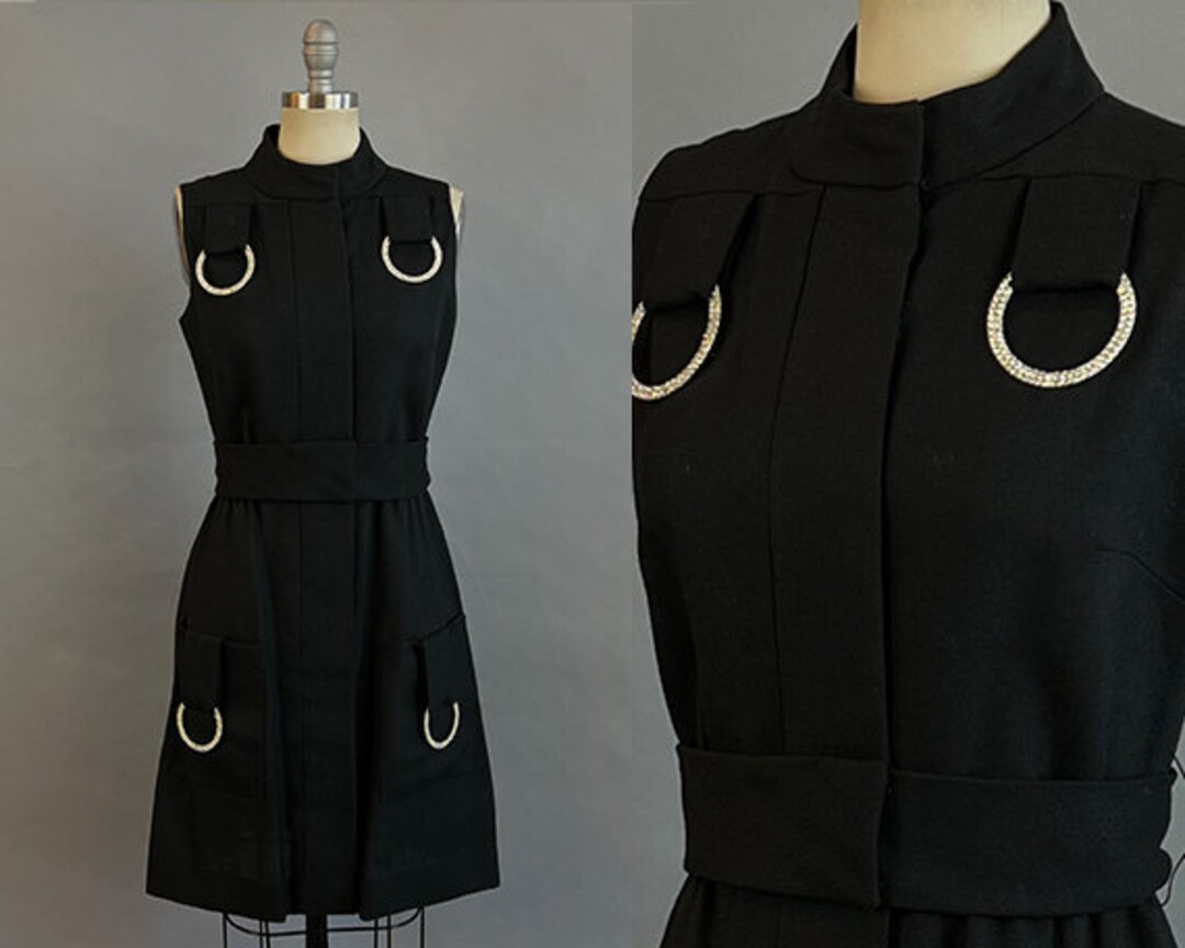1960s Cocktail Dress / 1960s Mod Dress / Black Cotton Dress With Large ...