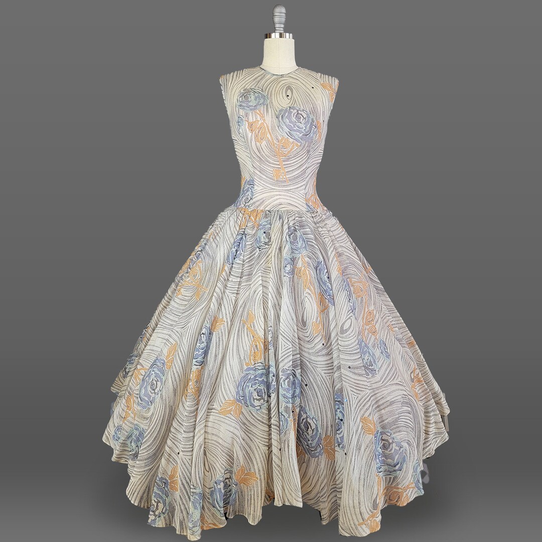 1950s Party Dress / 50s Organdy Dress With Blue Rose Print / 1950s Fit and Flare Dress / 1950s ...