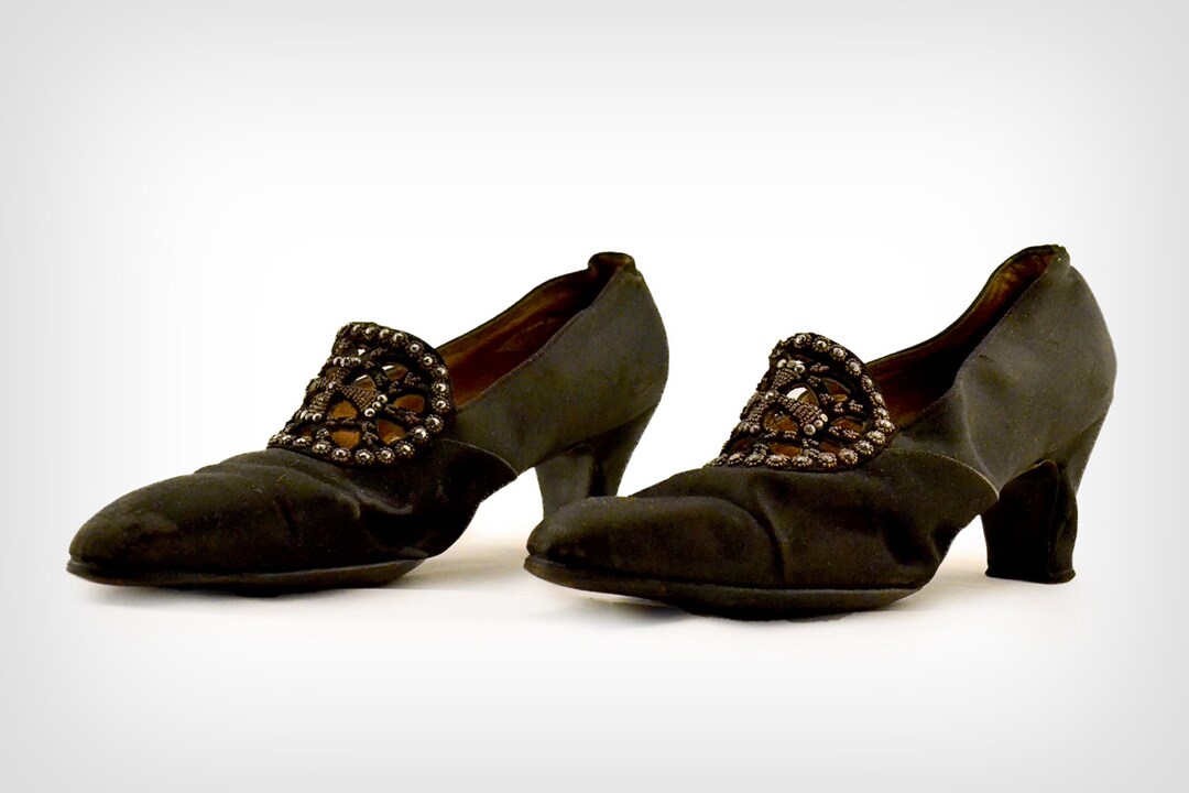 1800s Shoes / Victorian Black Silk Satin Heels W/ Cut Steel Beads / US ...