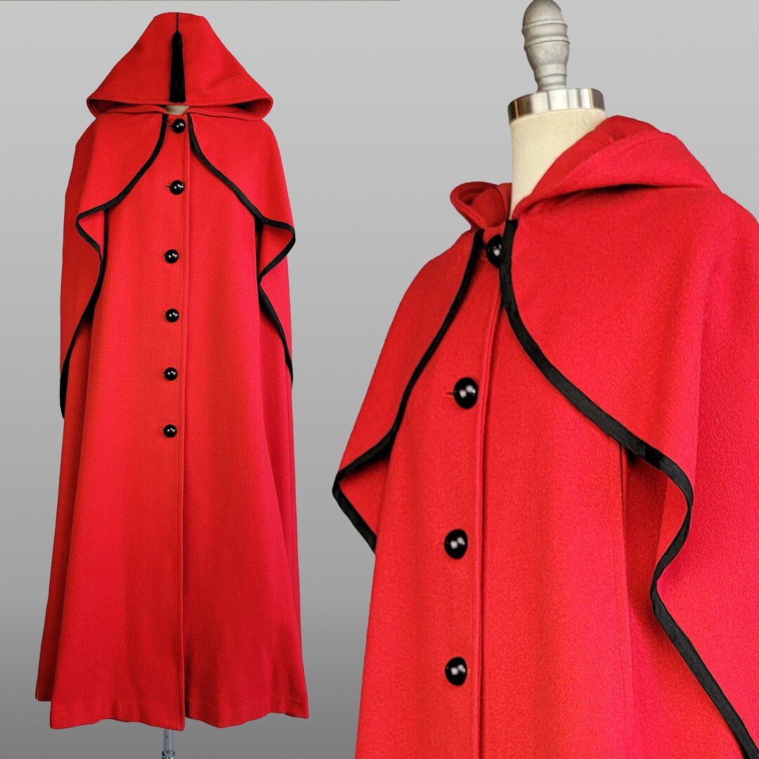 Red Cape W/ Hood / 1960s Lipstick Red Long Wool Cape With Hood ...