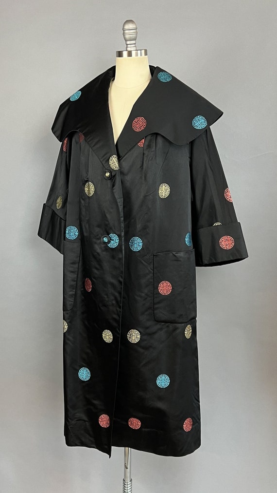 1960s Opera Coat / Black Silk Opera Coat with Stateme… - Gem
