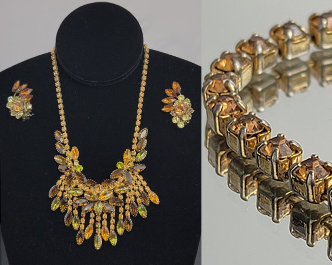 1950s Rhinestone Necklace Set/ Citrine, Honey and Peridot Color ...