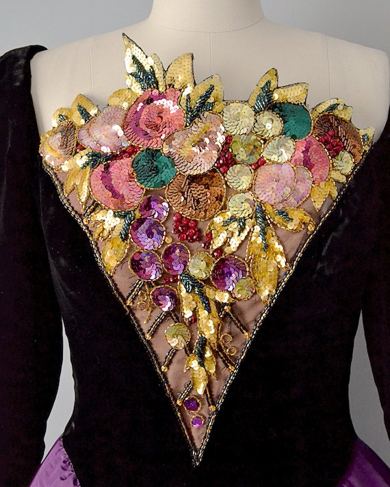 Bob Mackie Dress / 1980s Sequined Velvet & Silk Taffe… - Gem