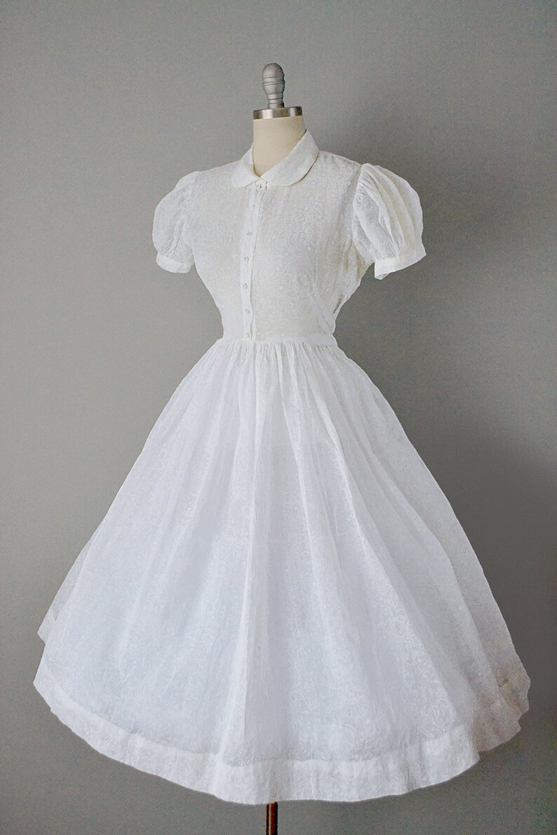 1950s White Floral Organdy Dress / Size Medium Large | Etsy