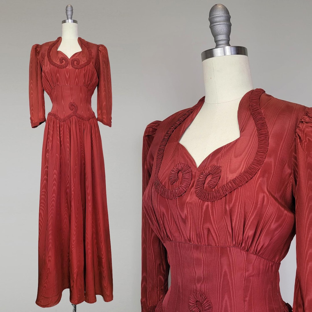 1940s Gown / 1940s Evening Dress / Silk Moiré Taffeta Gown / Red Evening Gown / 1940s Dress ...