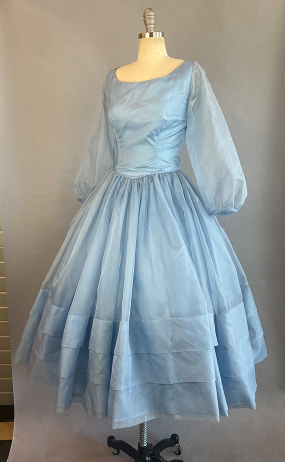 1950s Blue Gown / 1950s Blue Organdy Party Dress / Fi… - Gem