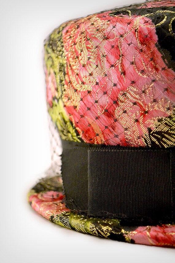 1960s Hat with Veil / Floral Silk Brocade Hat w/ Gol… - Gem