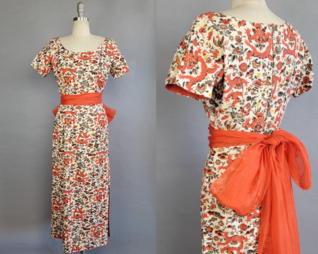 1960s Dragon Print Dress / 60s Raw Silk Dragon Motif Gown With Detached ...