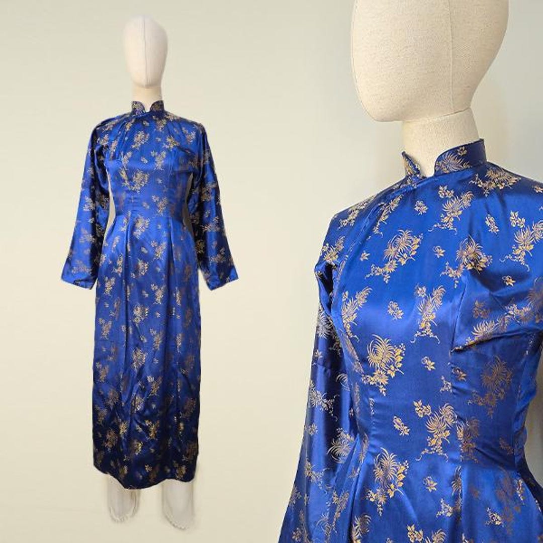 Vintage Vietnamese Ao -dai / Royal Blue Tunic and Pants / Blue Brocade ...
