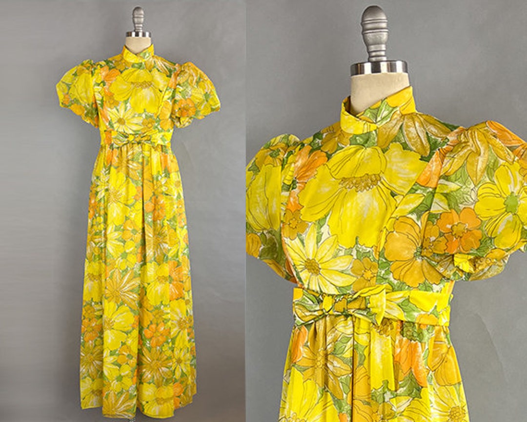 1960s Emma Domb Dress / Yellow Floral Print Dress / Empire Waist Puffed ...