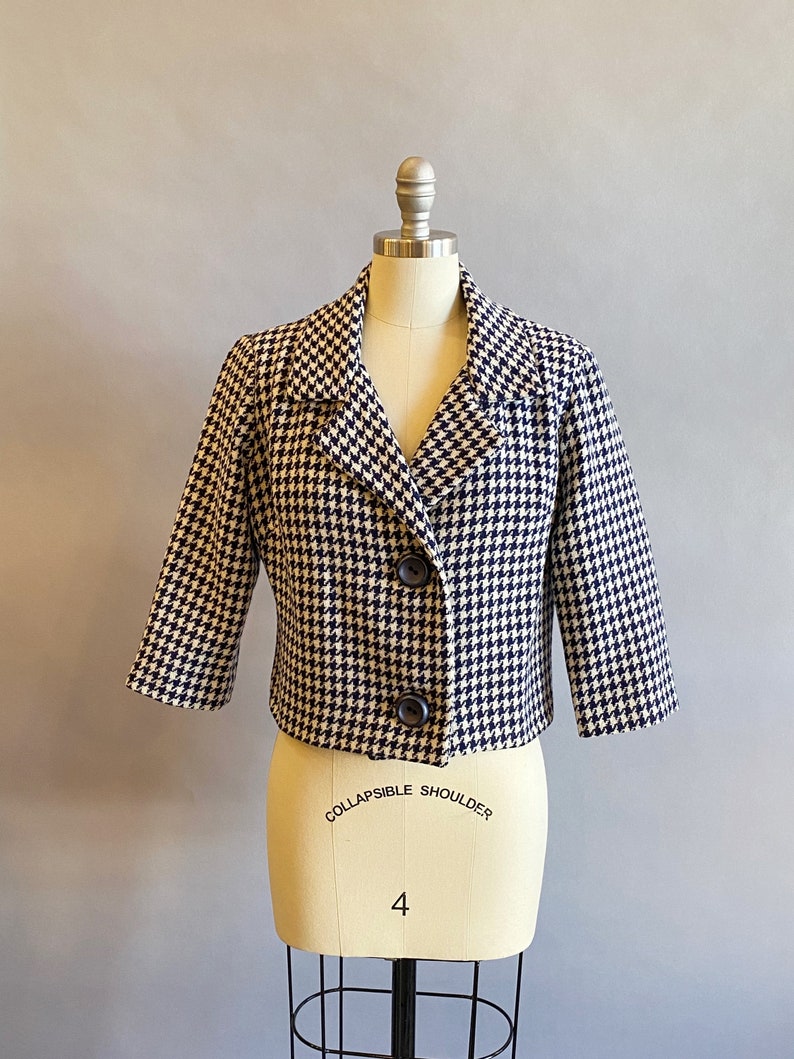 1960s Navy Houndstooth Jacket / Cropped Wool Jacket / Navy and White ...