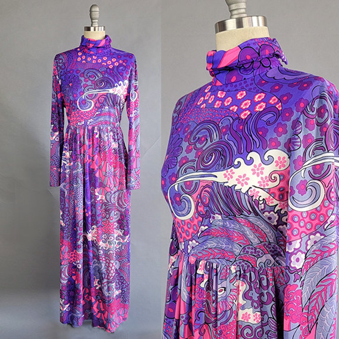 1960s Floral Maxi / 1960s Psychedelic Dress / Flower Power Dress ...