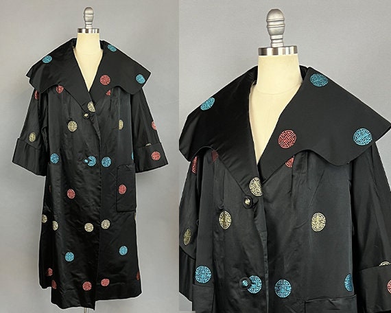 1960s Opera Coat / Black Silk Opera Coat with Stateme… - Gem