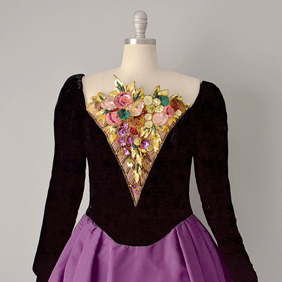 Bob Mackie Dress / 1980s Sequined Velvet & Silk Taffe… - Gem