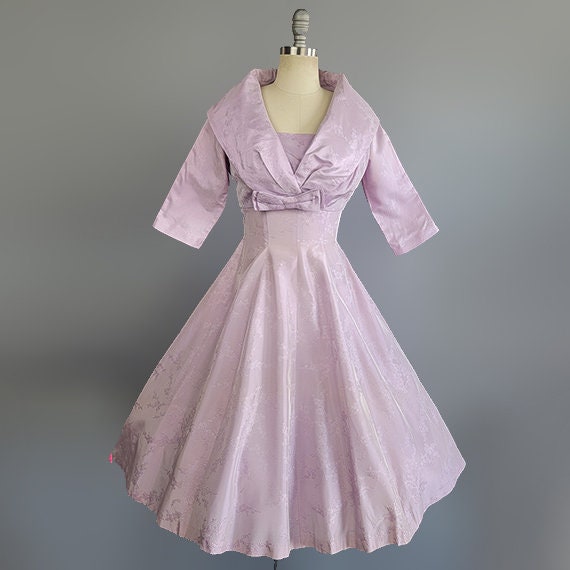 1950s Dress Set/ 1950s Lavender Floral Brocade Dress … - Gem