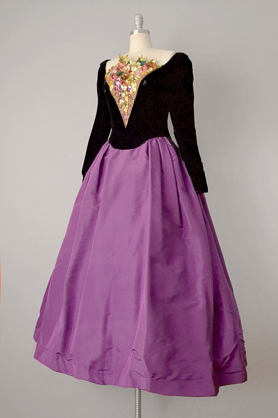 Bob Mackie Dress / 1980s Sequined Velvet & Silk Taffe… - Gem