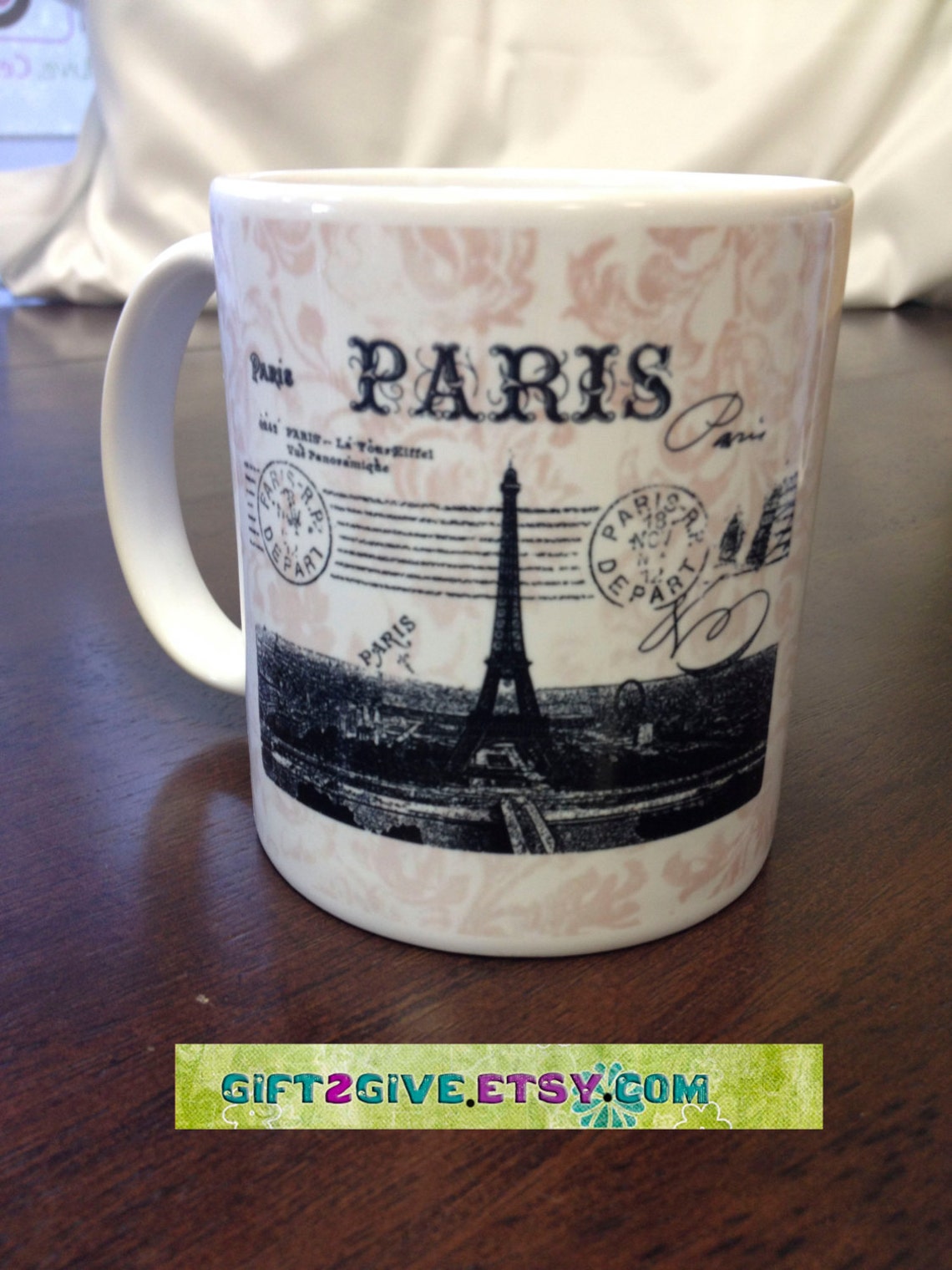 Coffee Tea or Hot Cocoa Mug Paris City France Grunge Light Pink Damask ...