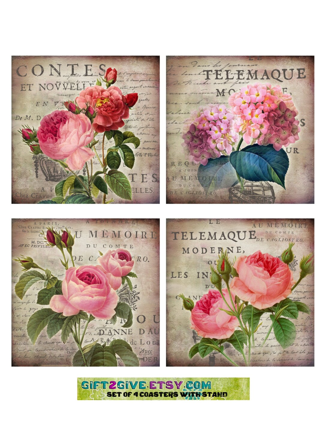 Floral Coaster Set of 4 Victorian Flower Coasters Shabby Chic Drink ...