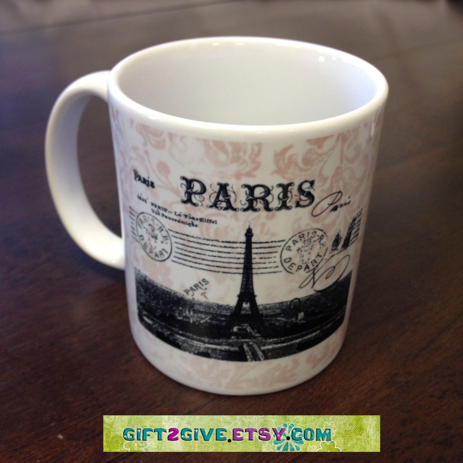 Coffee Tea or Hot Cocoa Mug Paris City France Grunge Light Pink Damask ...