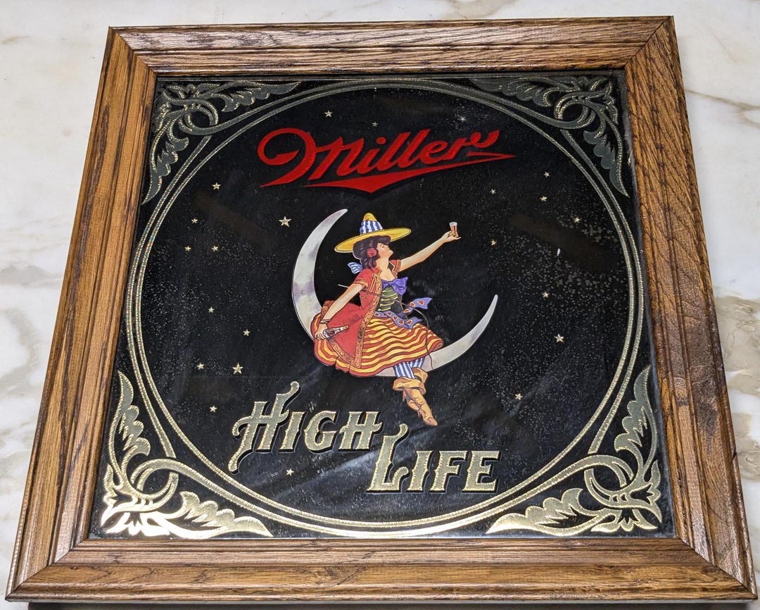 Vintage Miller High Life Mirror Bar Oak Frame 1980 Girl on the Moon. - Etsy