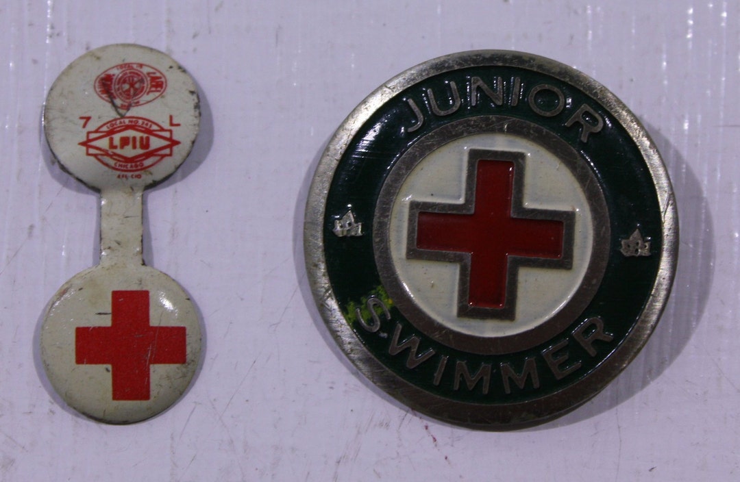 Vintage Red Cross Pinback Buttons: Junior Swimmer & Union Made Lapel ...