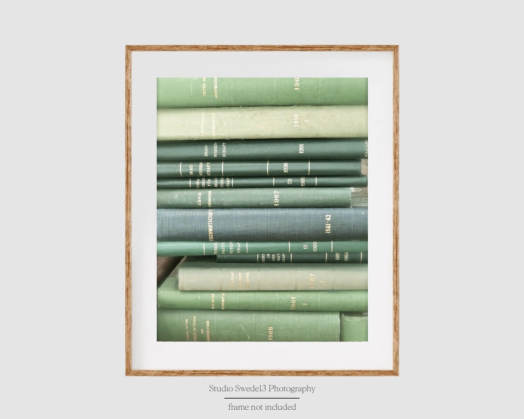 Green Library- Book Photography, Green Book Art Print, Shabby Cottage ...