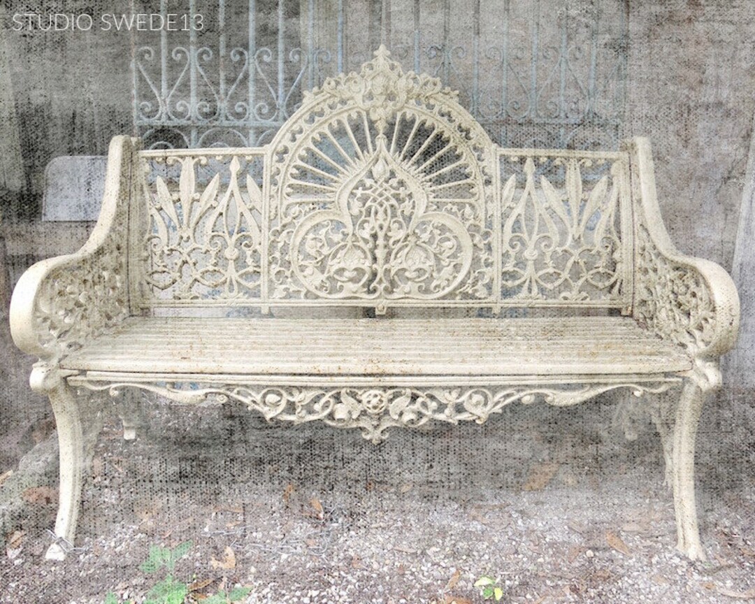 White Bench Bench Photo, Bench Art Print, Old Garden Bench Print ...
