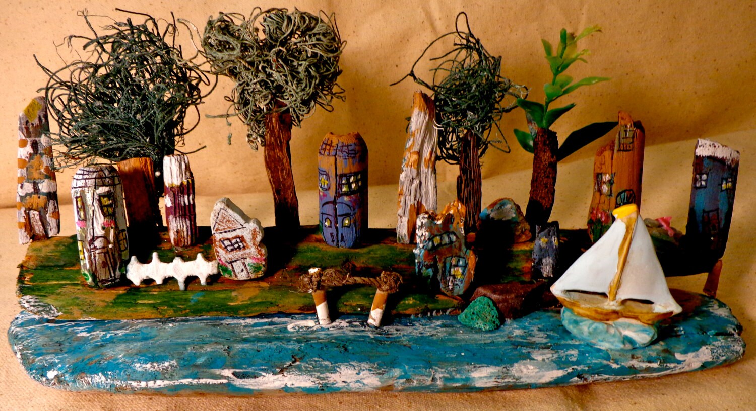 Festive One of a Kind Handmade Island Sculpture Sail Boat Original Art ...
