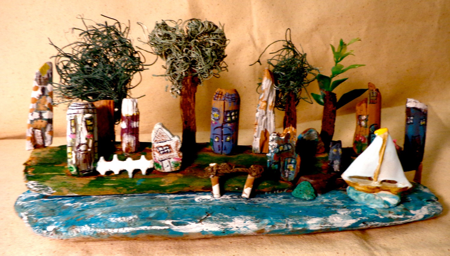 Festive One of a Kind Handmade Island Sculpture Sail Boat Original Art ...