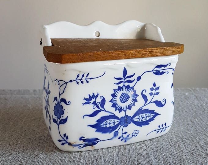 Beautiful Salt Box, Blue & White Ceramic W. Wooden Lid // Lidded Salt ...